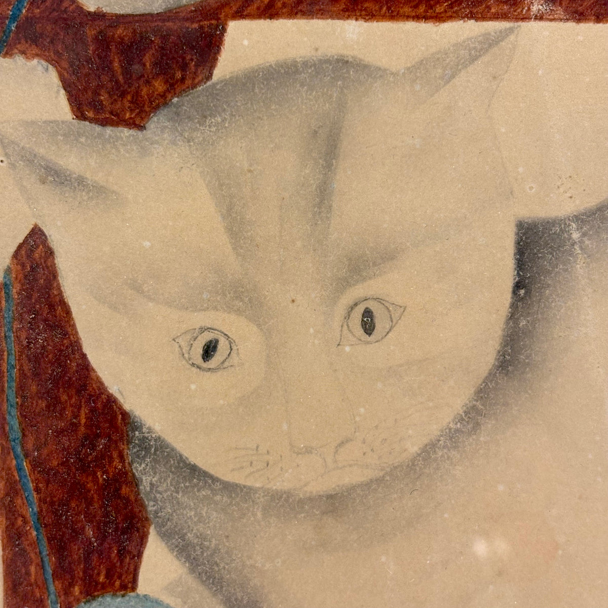 Three Cats with Blue String, c. 1870s Theorem Watercolor in Period Fra ...