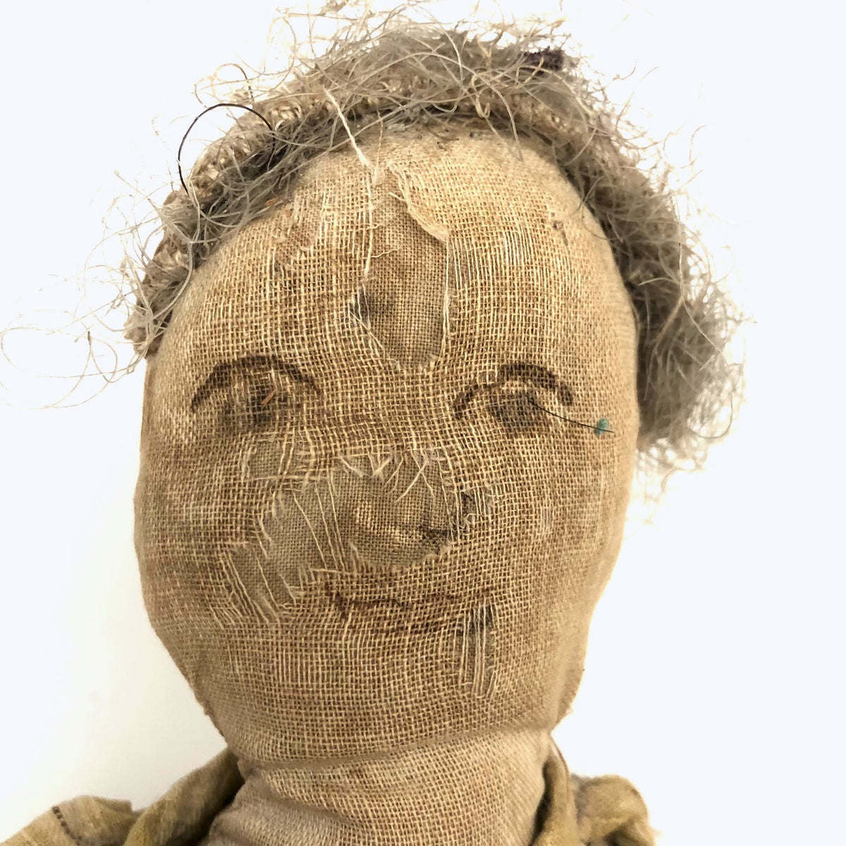 Much Loved Antique Straw Stuffed Doll with Painted Face and Gray Hair ...