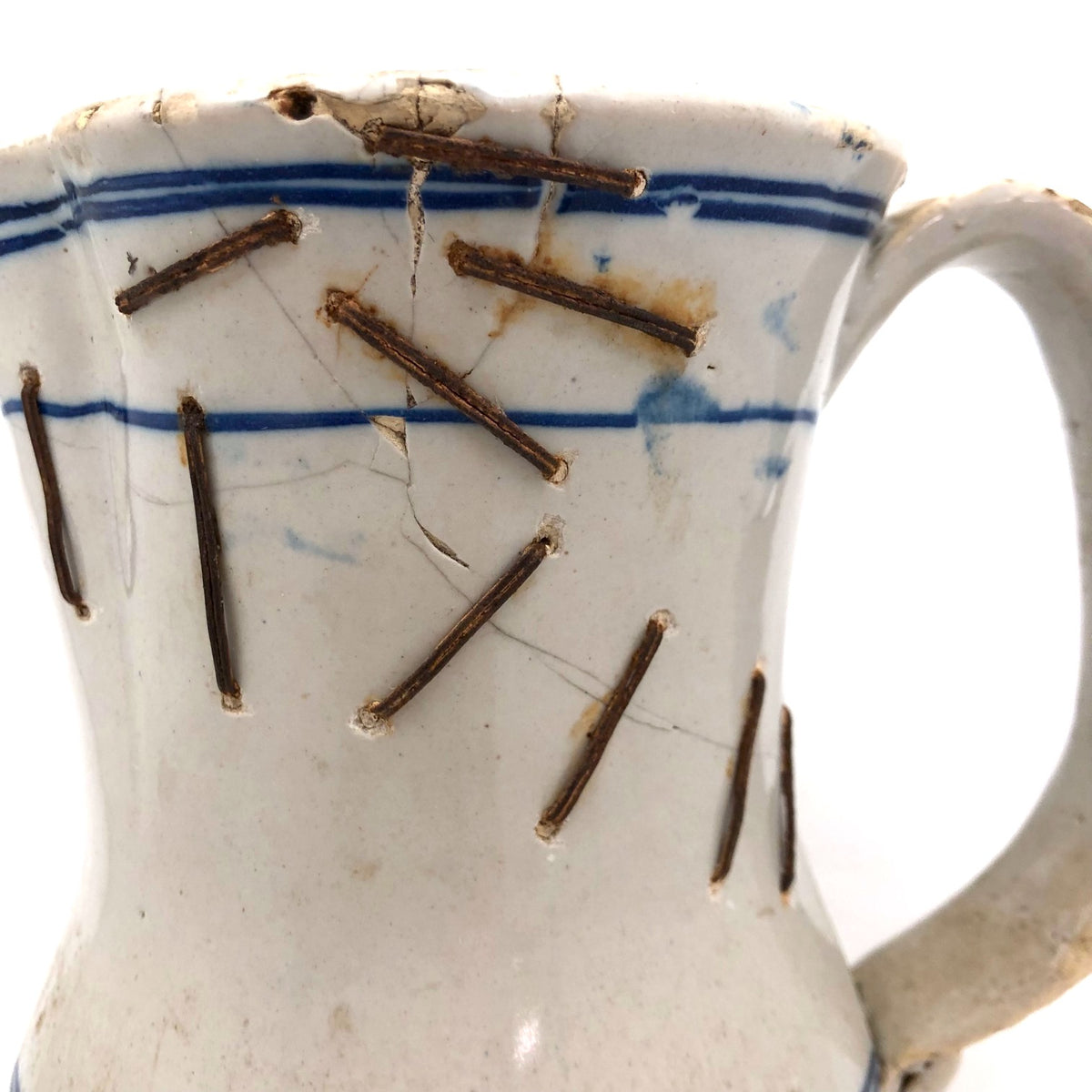 Antique Staple Repaired Hand-thrown Blue and White Stoneware Pitcher ...