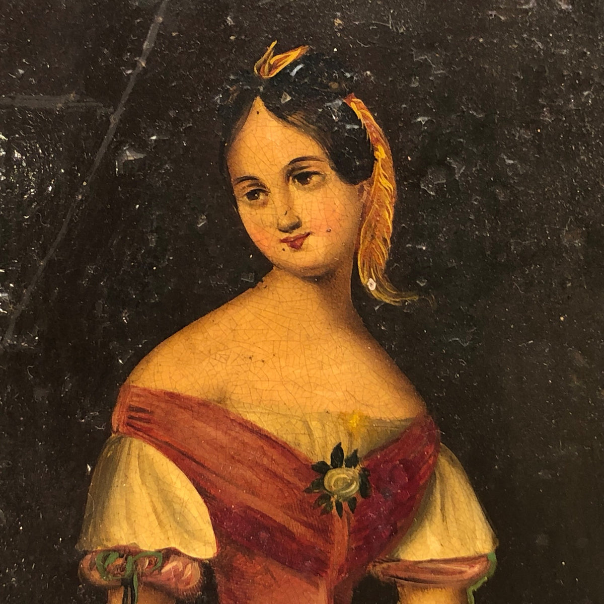 19th C. Diminutive Portrait of Lovely Young Woman in Rose on Tin in Re ...