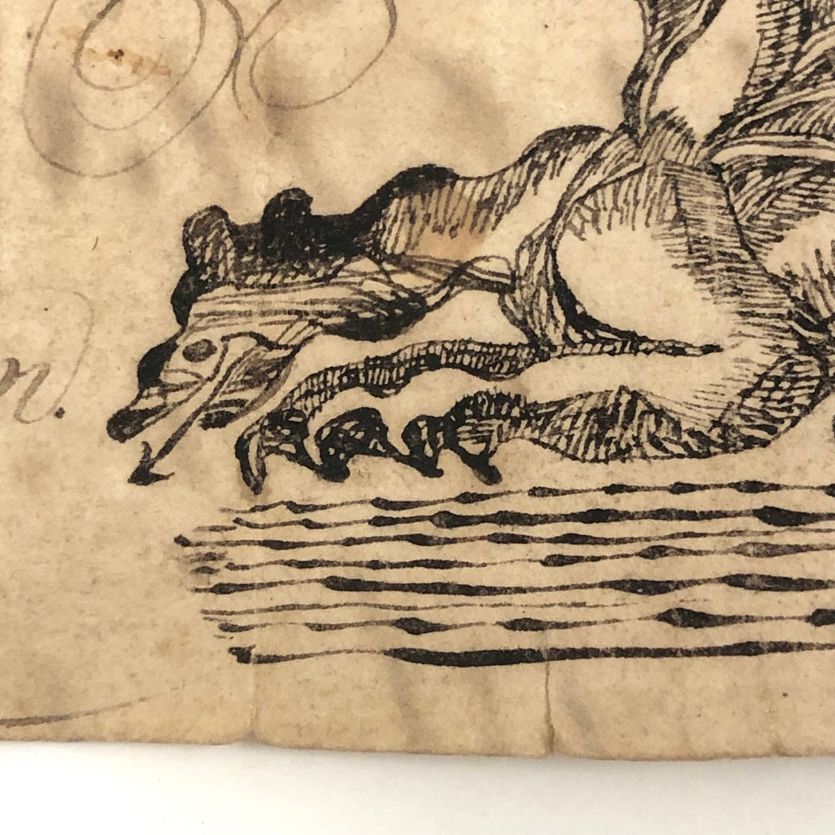 19th C. Calligraphic Ink Drawing of "The Dragon" on Laid Paper ...