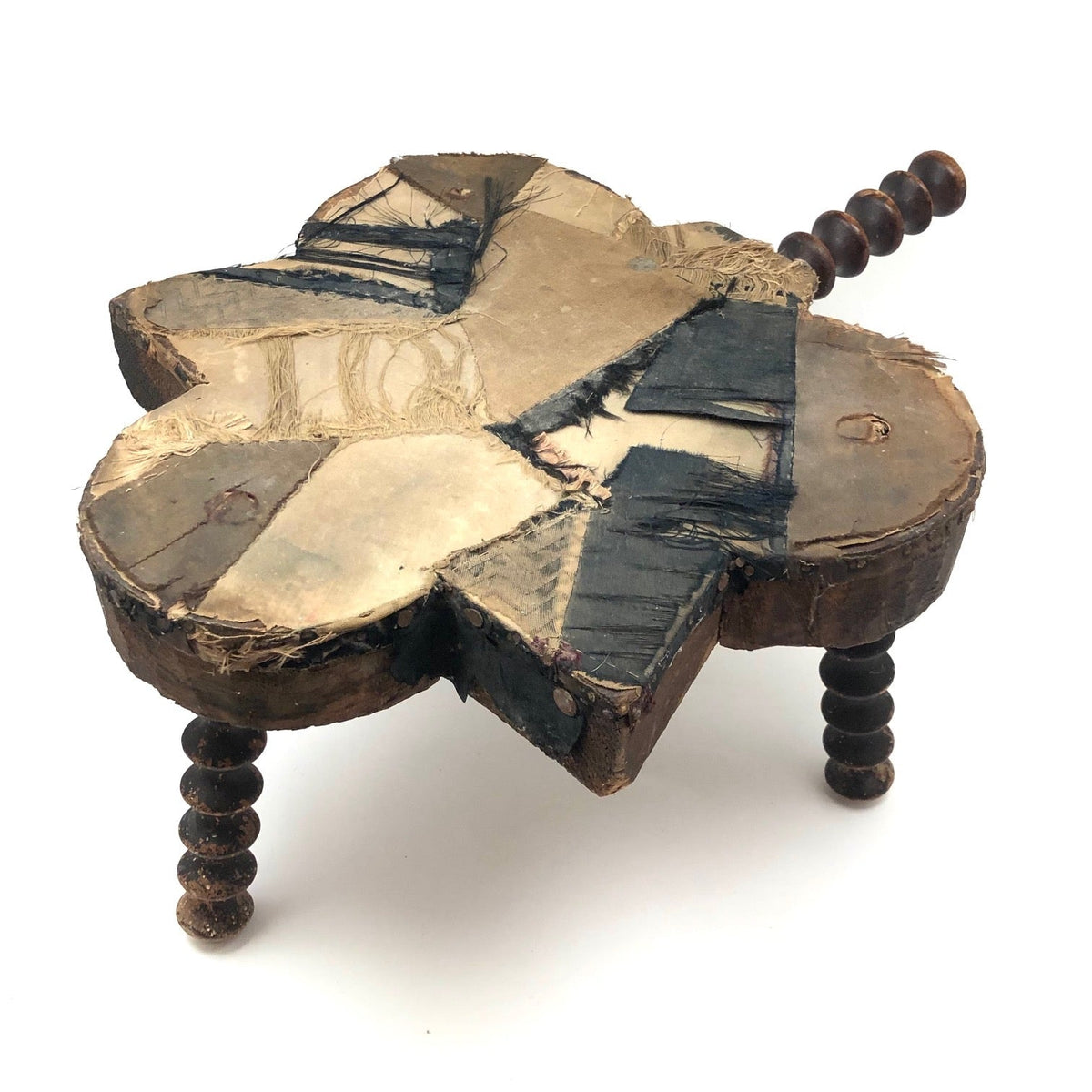 Three Spool Leg Antique Stool with Piecework Top and Unusual Form ...