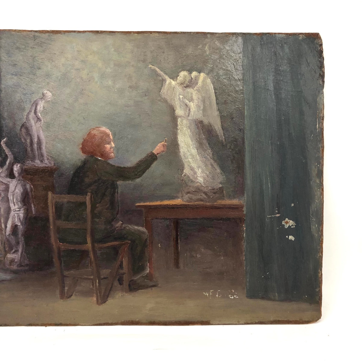 Delightfully Awkward Oil on Masonite Painting of Sculptor in His Studi ...