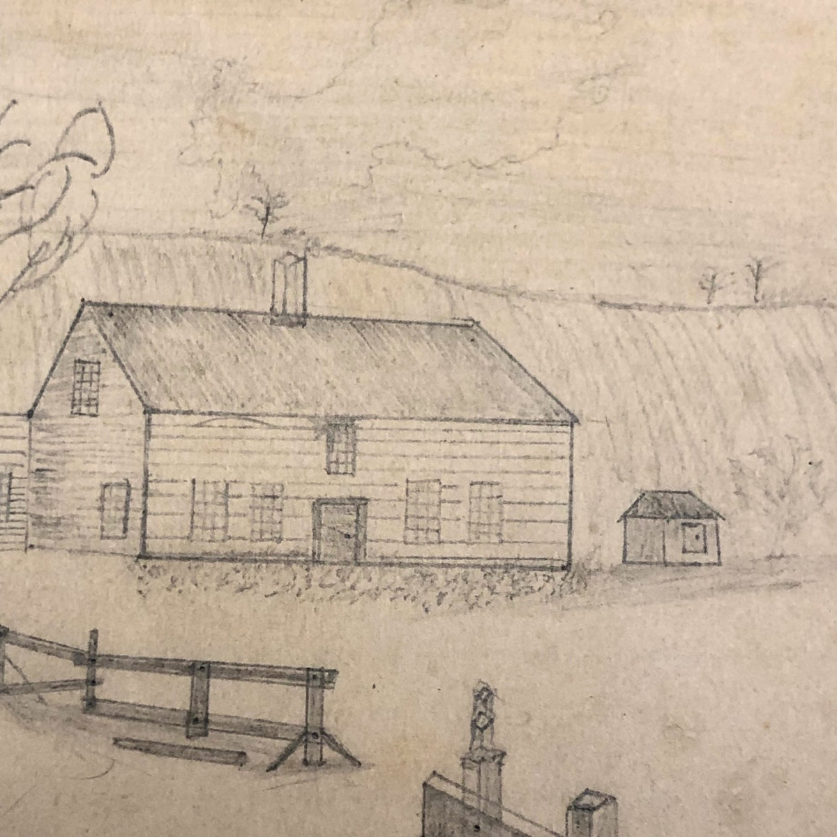 Antique Pencil Drawing of Farmhouse with Tree and Fences – critical EYE ...