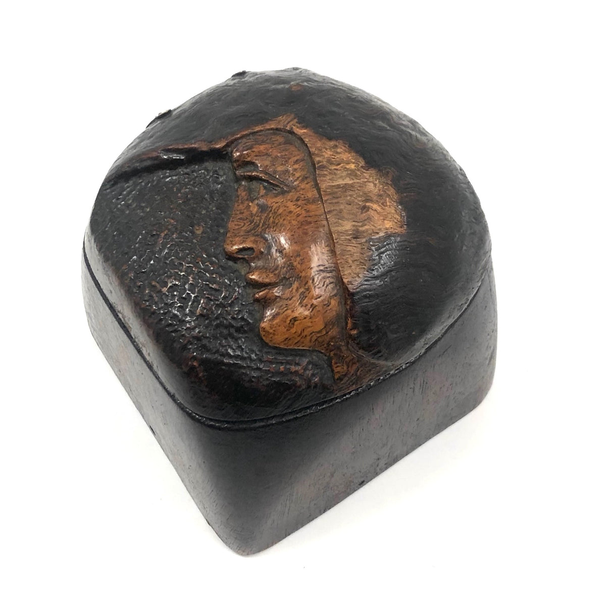 Unusual Carved Burl Folk Art Box with Two Moon Like Faces (One Inside ...