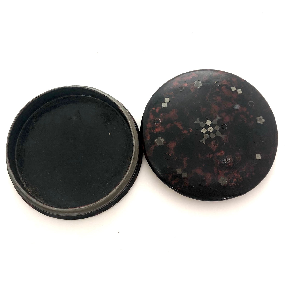 Pretty Antique Papier Mache Round Snuff Box with Silver Inlay ...