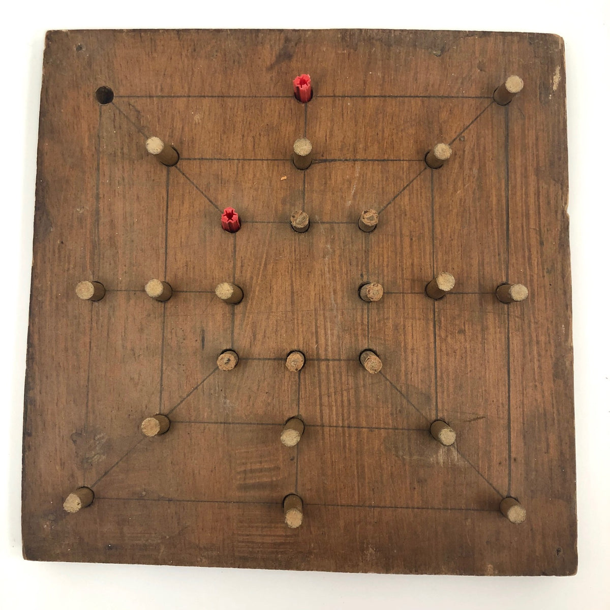 Twelve Men's Morris Old Handmade Game Board with Folk Art Bird Peg ...