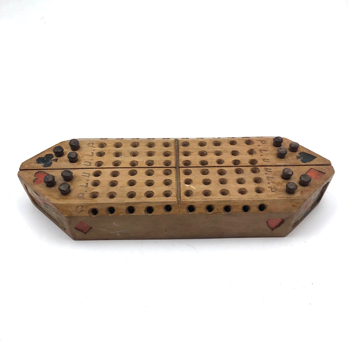 Unusual Old Folk Art Cribbage Board with Carved Trumps and Inlaid Play ...