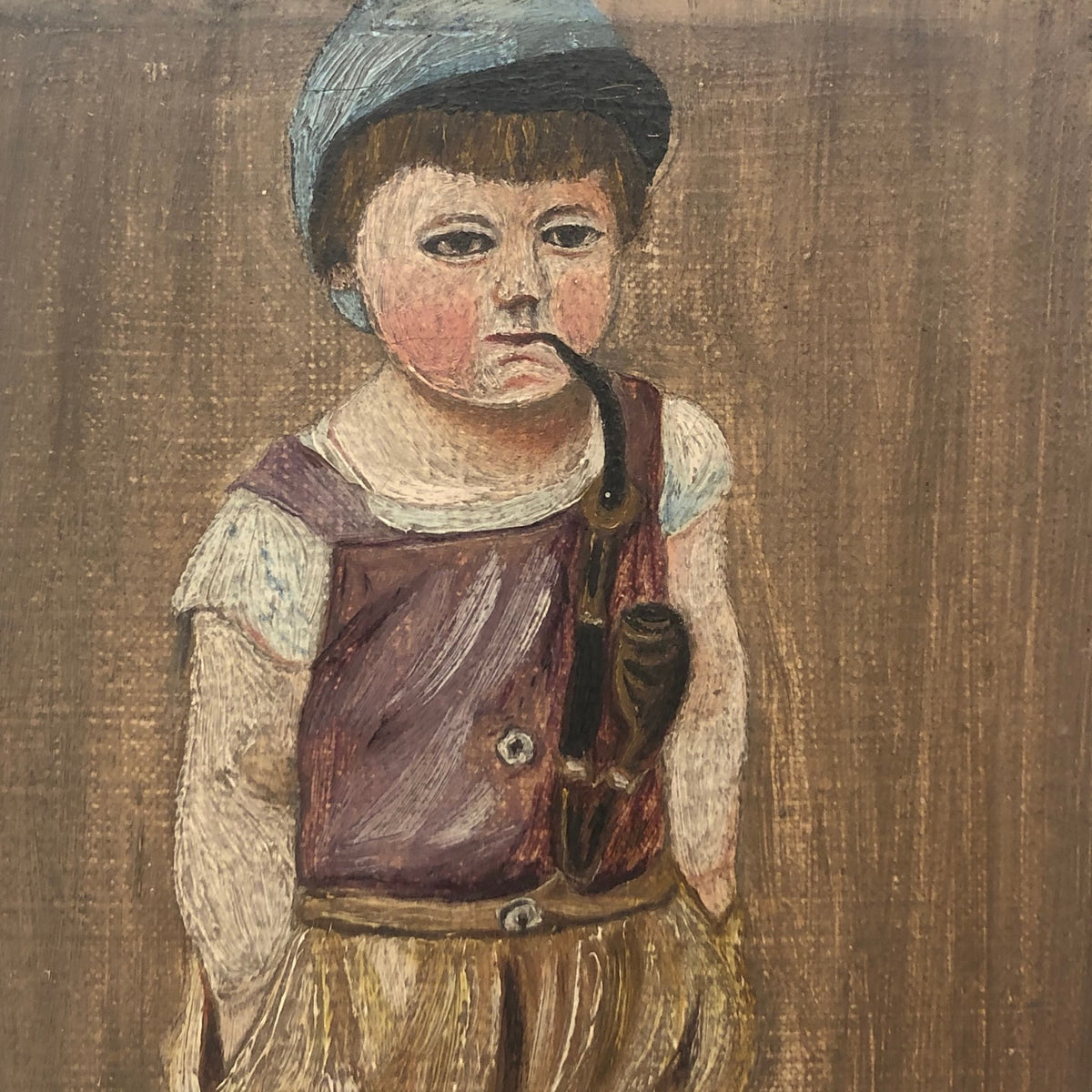 Little Boy Smoking Pipe, Small Antique Oil on Canvas Painting ...